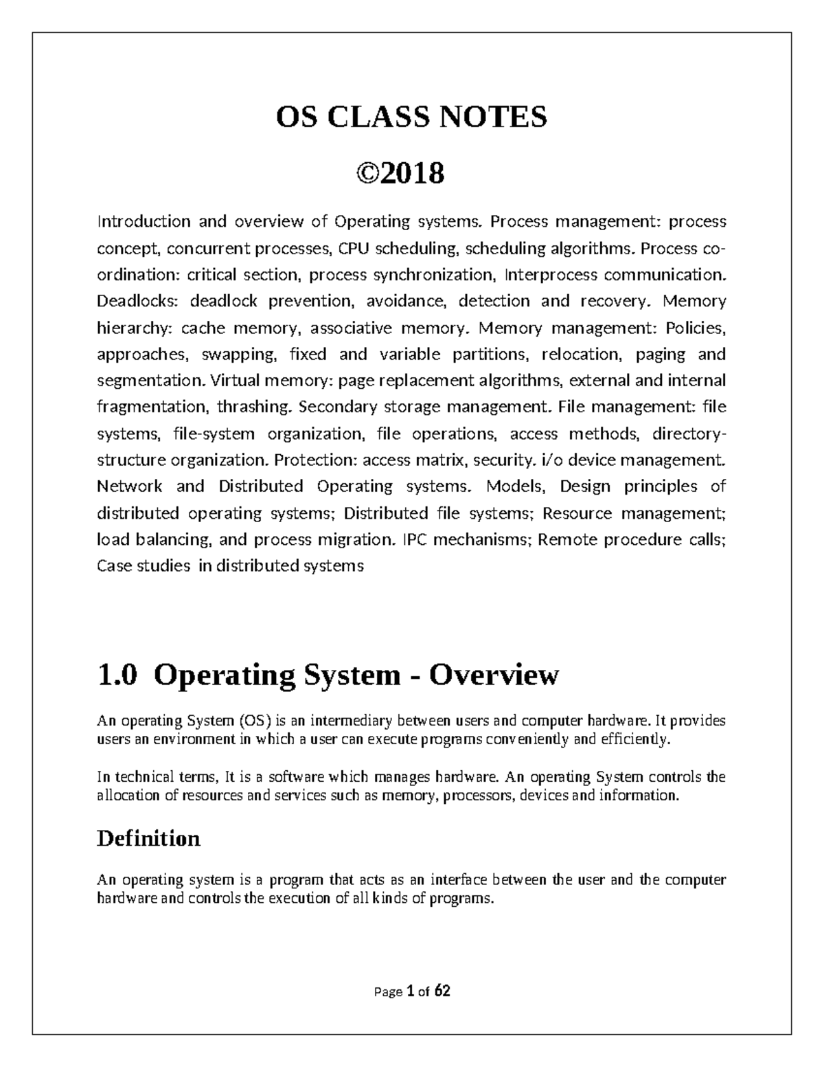 OS Class Notes BIT BBIT CIS - OS CLASS NOTES ©201 8 Introduction and ...