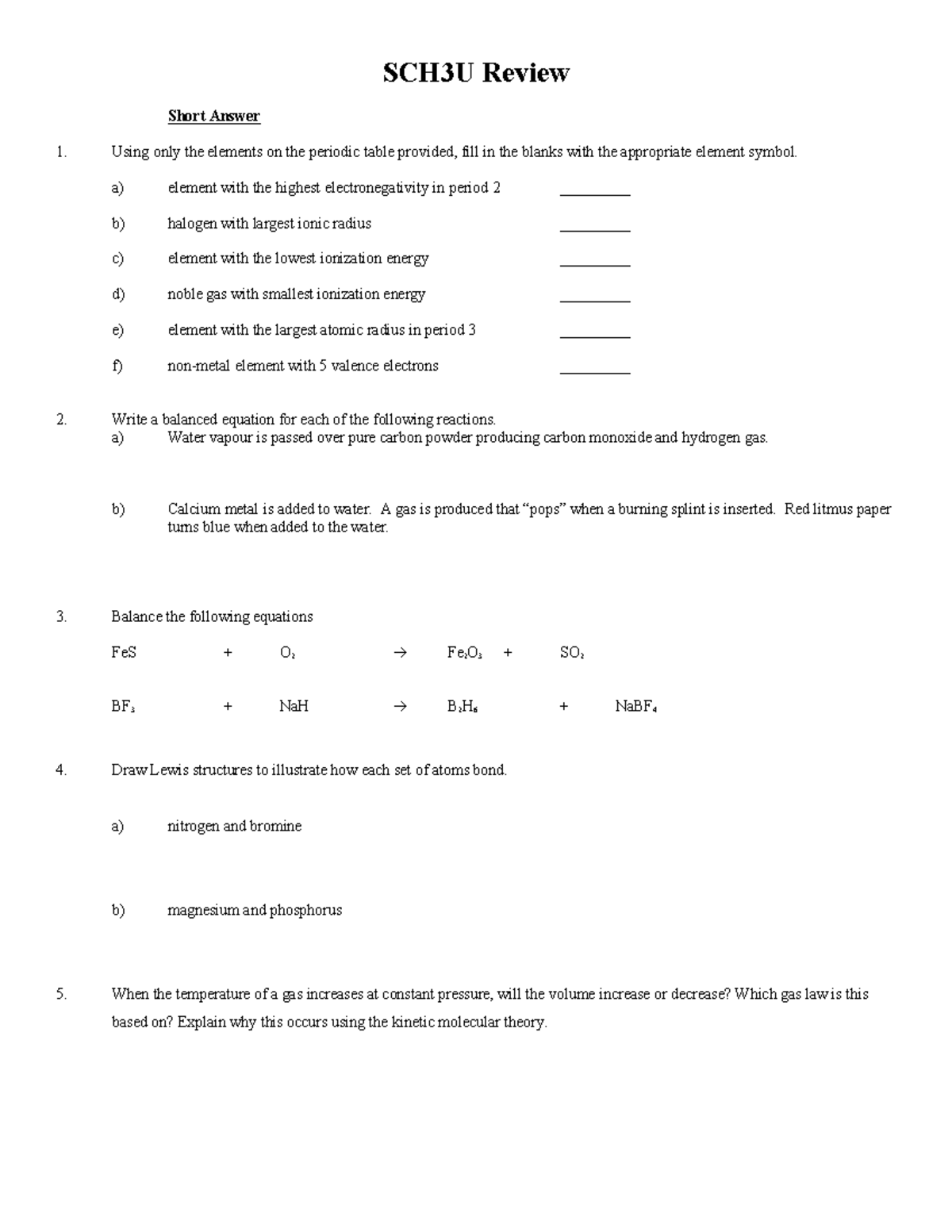 SCH4U Review - SCH3U Review Short Answer Using only the elements on the ...
