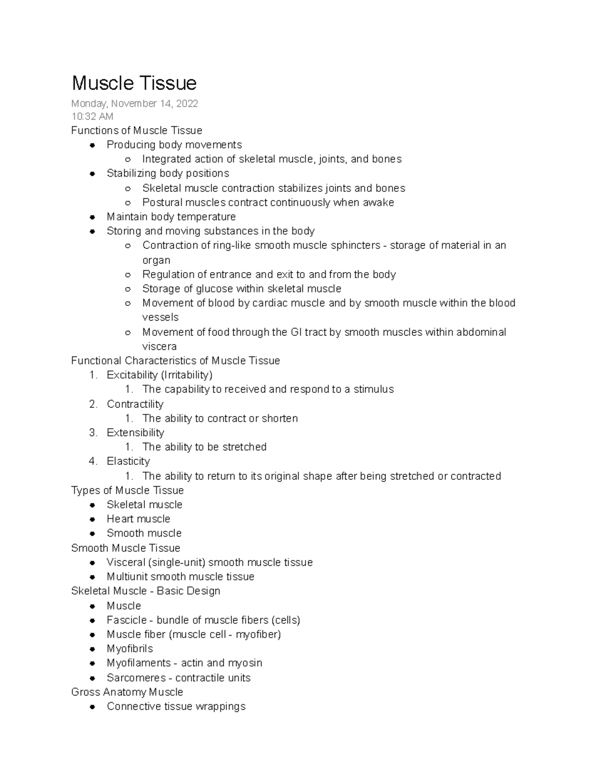 Muscle Tissue - Excitability (Irritability) 1. The capability to ...