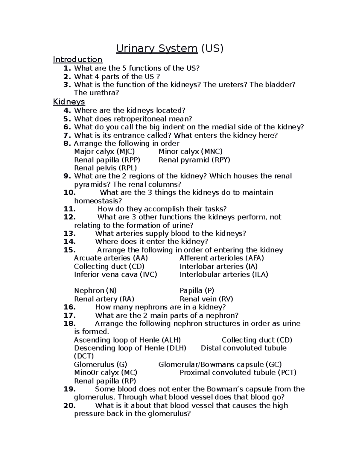 AP Urinary System ws - Study guide - Urinary System (US) Introduction ...