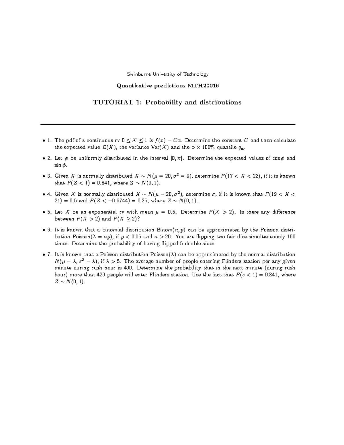 Tut1 - tute answers - Swinburne University of Technology Quantitative predictions MTH TUTORIAL 1 ...