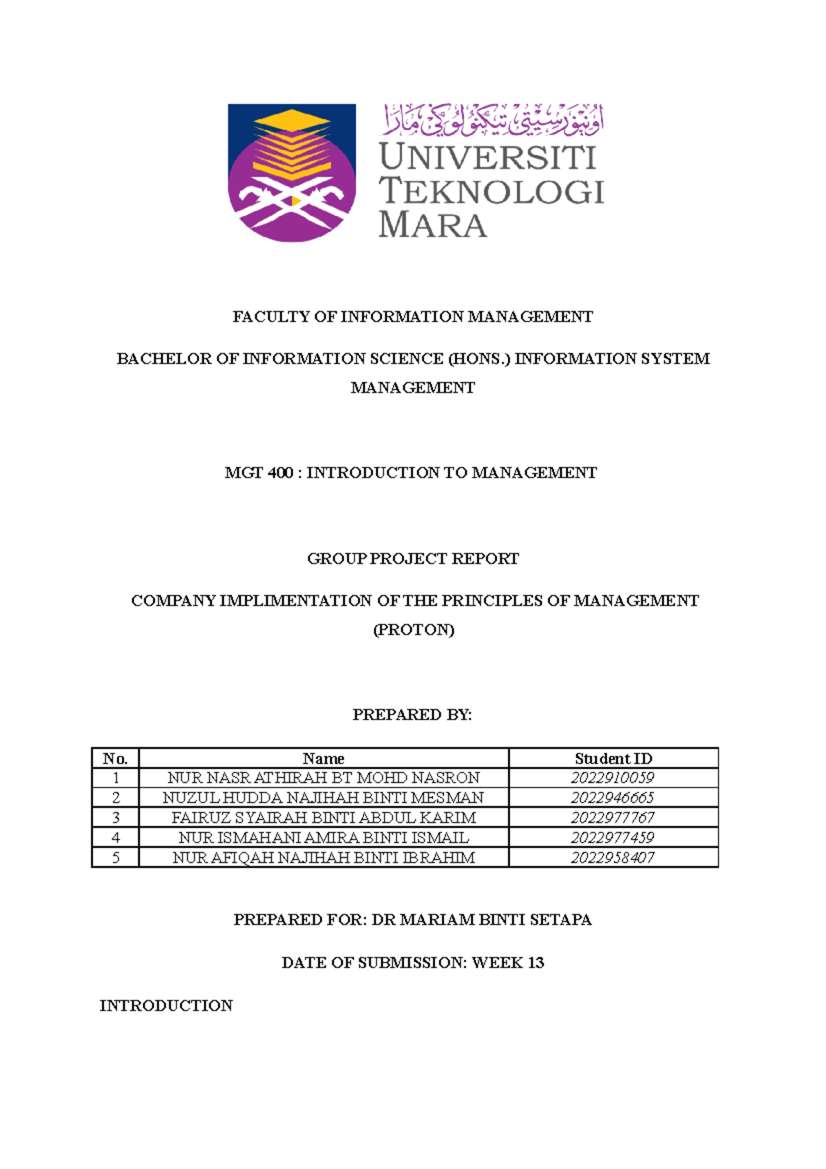 MGT 400 GROUP ASSIGNMENT - FACULTY OF INFORMATION MANAGEMENT BACHELOR OF INFORMATION SCIENCE ...