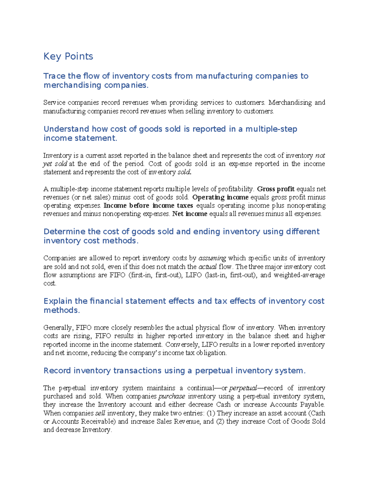 CH 6 Key Points - Things to be aware of for chapter 6 - Key Points Trace the flow of inventory ...