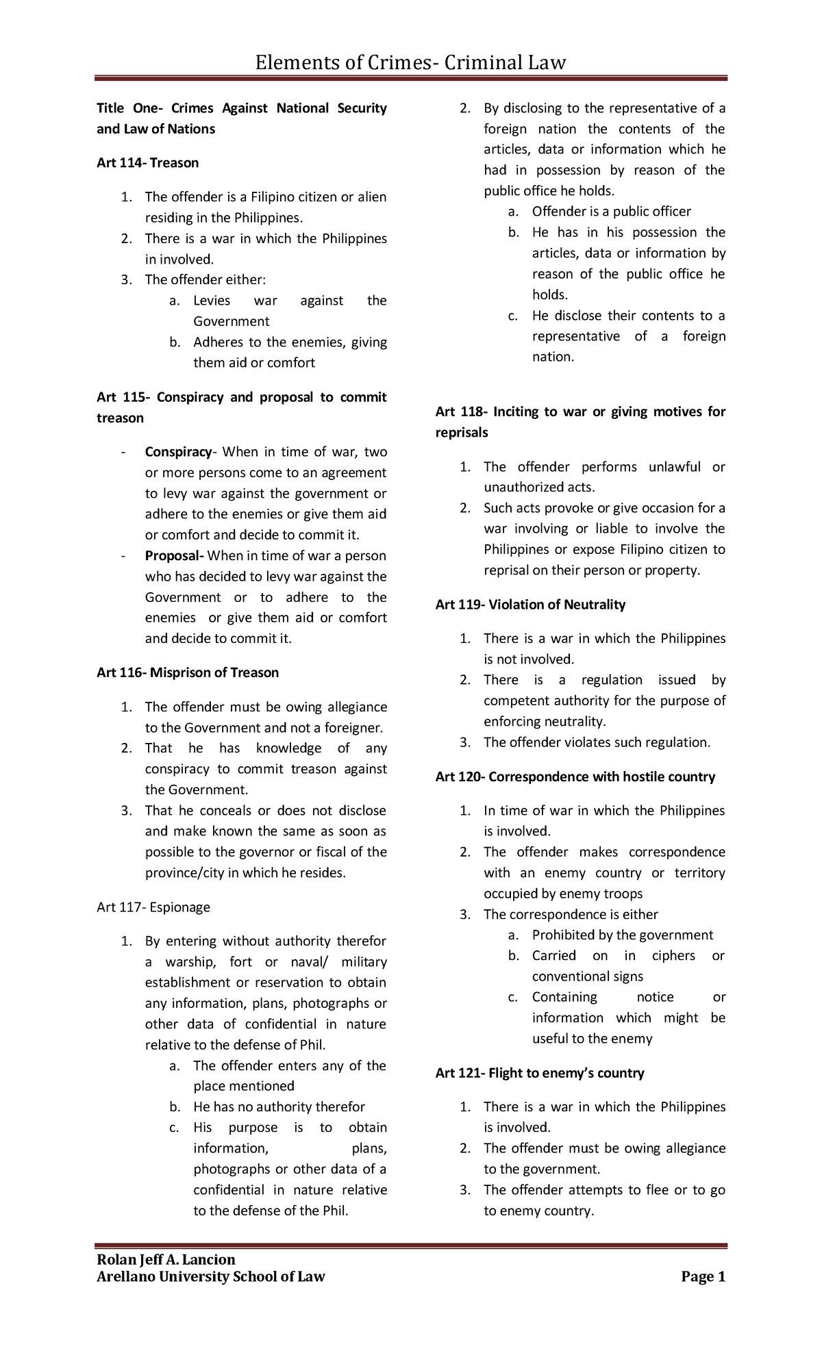 Criminal Law- Elements of Crimes Reviewer - College of Law - Studocu