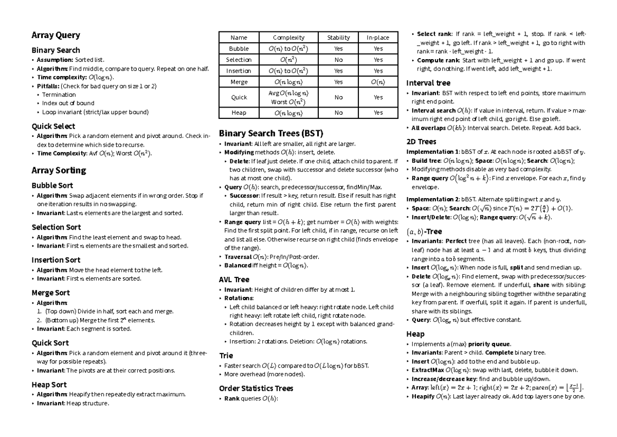 Final sheet - Array Query Binary Search Assumption: Sorted list ...