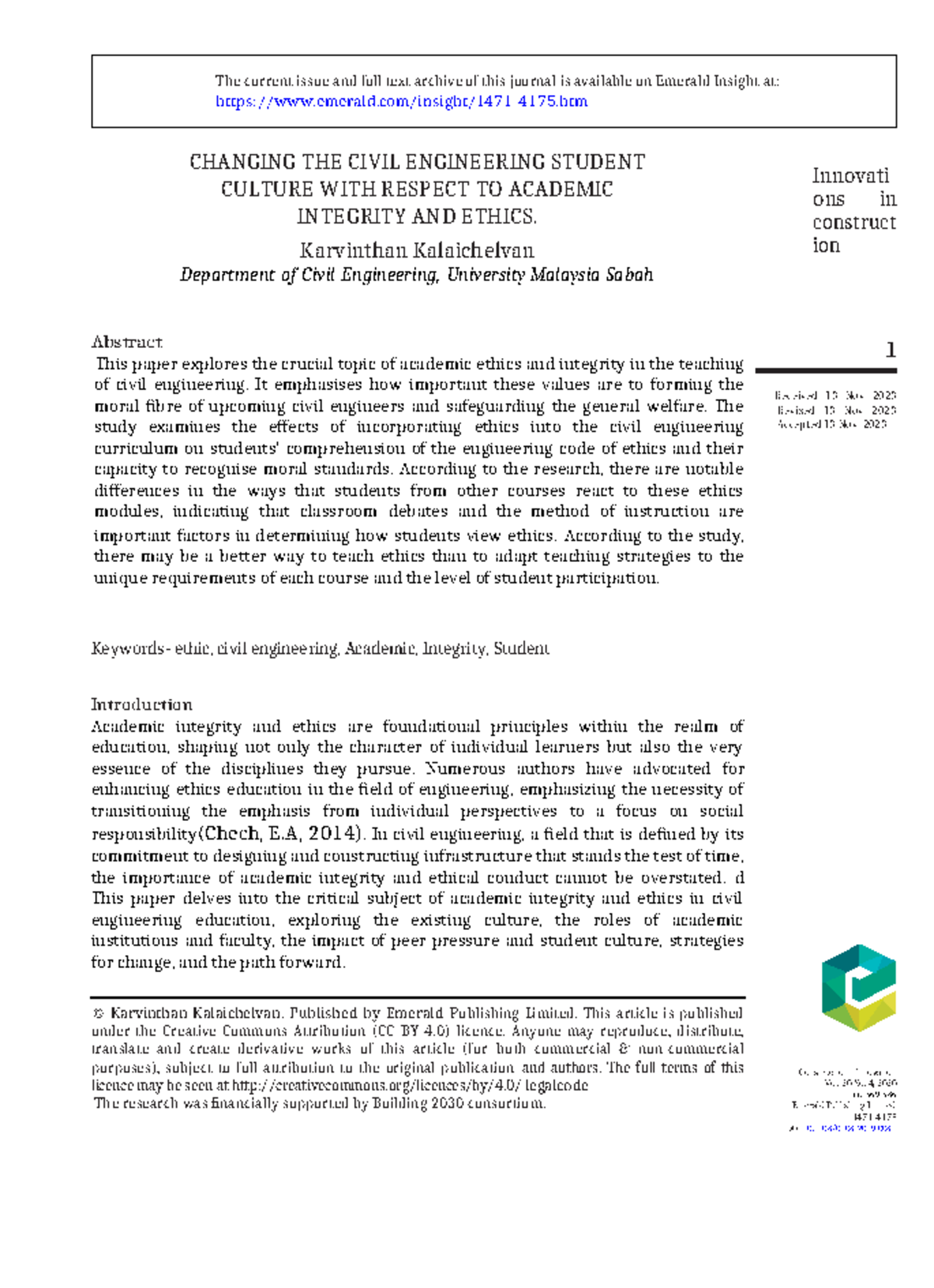 Changing the Civil Engineering Student Culture with Respect to Academic ...