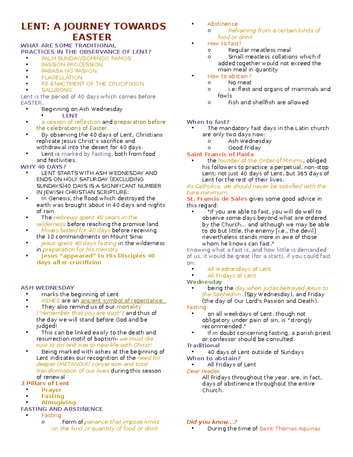 THEOLOGY SUBJECT - LENT: A JOURNEY TOWARDS EASTER WHAT ARE SOME ...