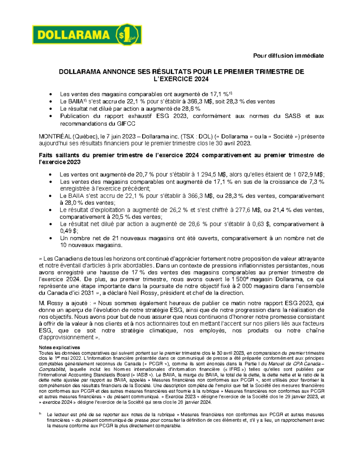 1 - LKJLK JKKLM - Pour diffusion immédiate DOLLARAMA ANNONCE SES ...