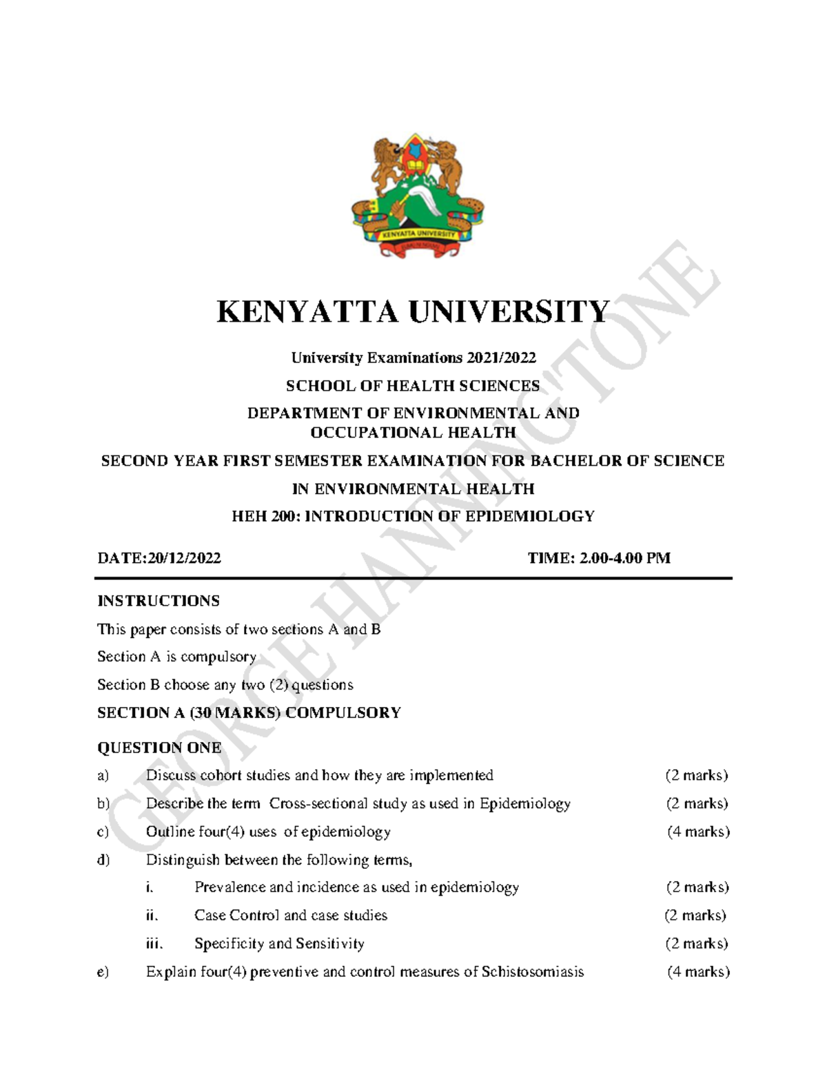 HEH 200... Introduction OF Epidemiology PAST Paper - KENYATTA ...