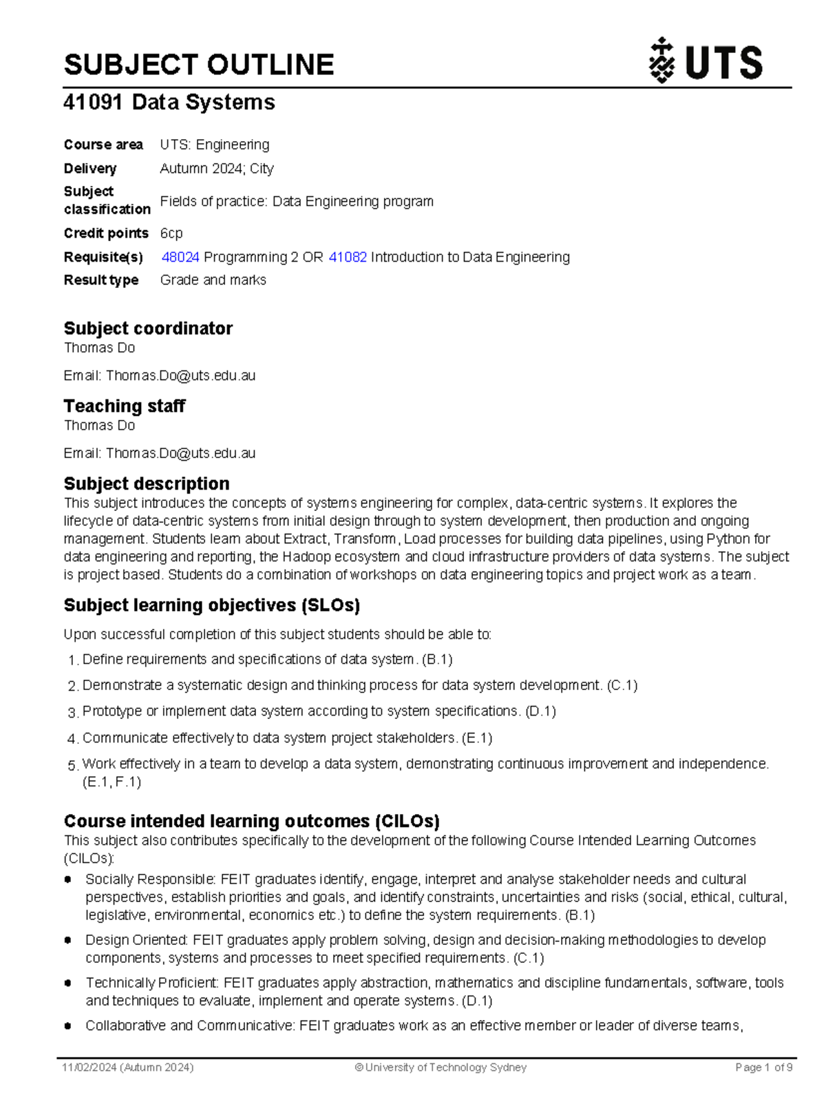 PDFs - SUBJECT OUTLINE 41091 Data Systems Subject coordinator Thomas Do ...