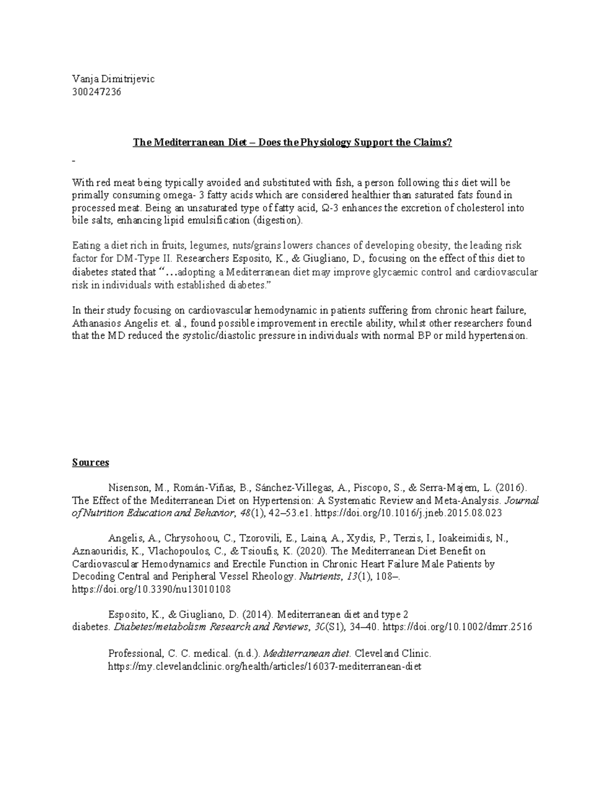Mediterranean Diet Phys - Vanja Dimitrijevic 300247236 The ...