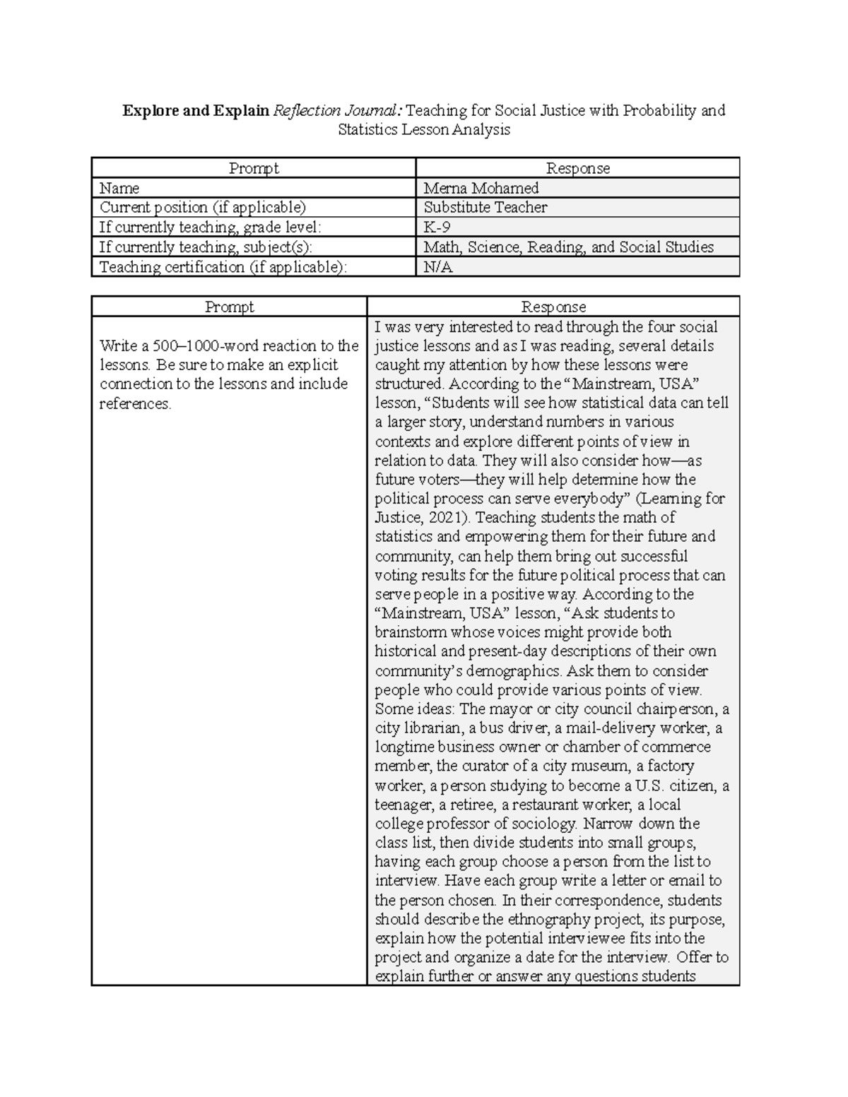 Explore and Explain Reflection Journal Teaching for Social Justice with ...