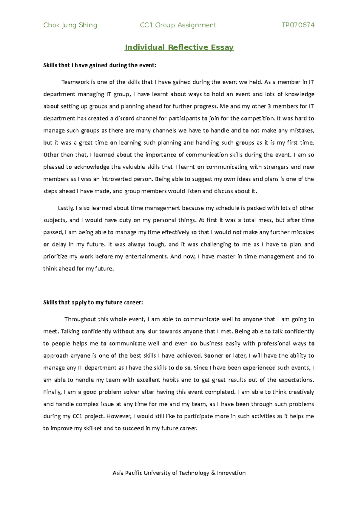 Individual Reflective Essay - Chok Jung Shing CC1 Group Assignment TP ...