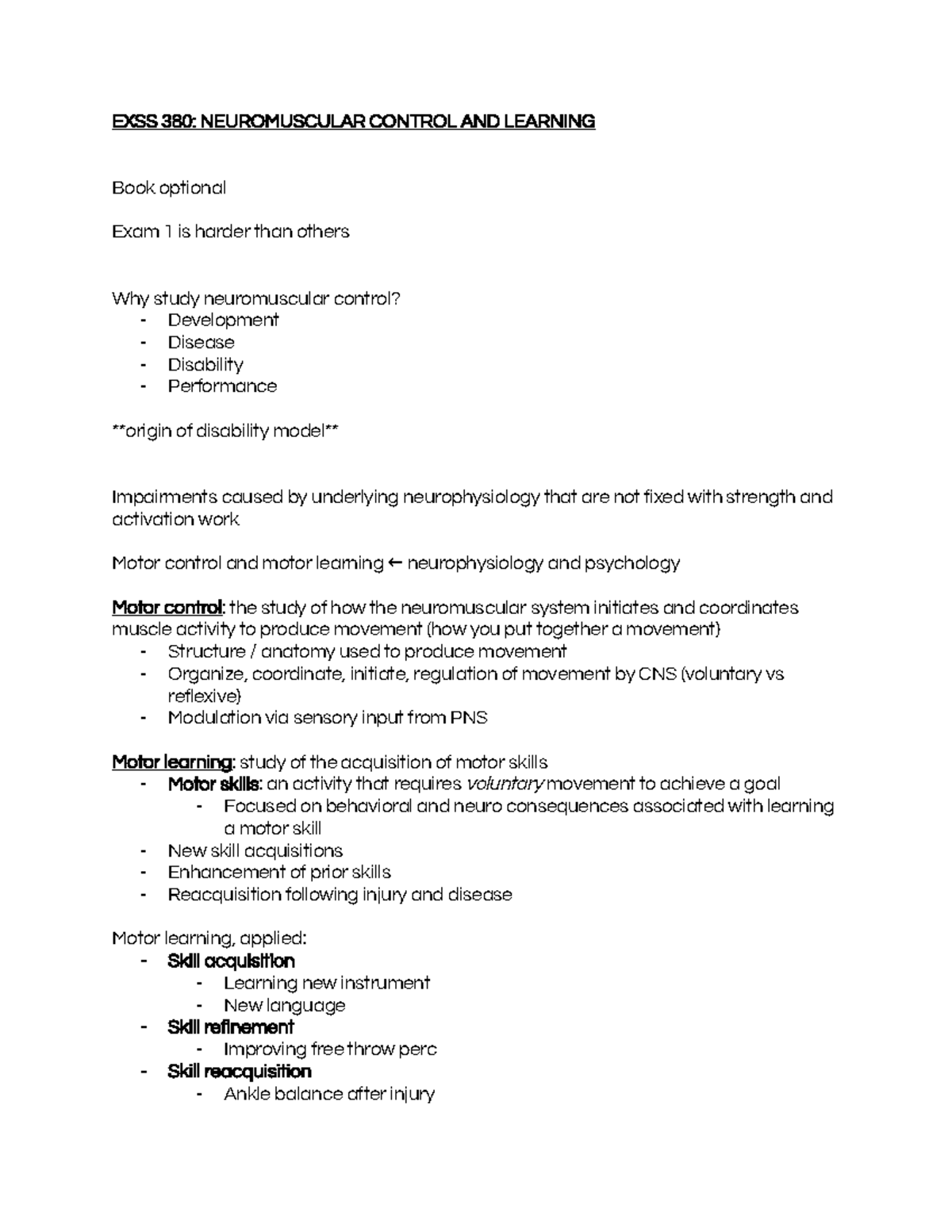 EXSS 380 Neuromuscular Control AND Learning - EXSS 380: NEUROMUSCULAR ...