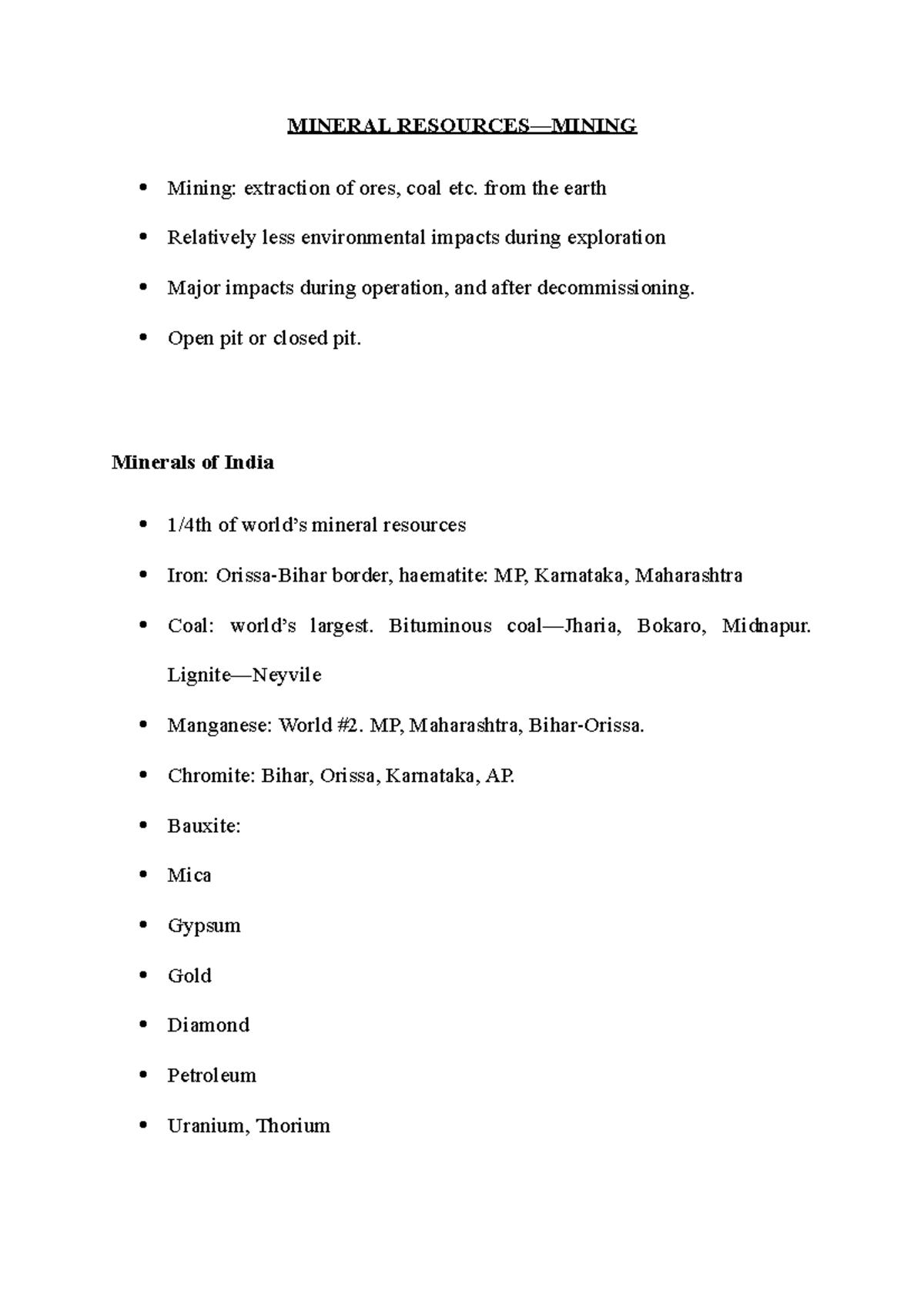 Mineral Resources - MINERAL RESOURCES—MINING Mining: extraction of ores ...