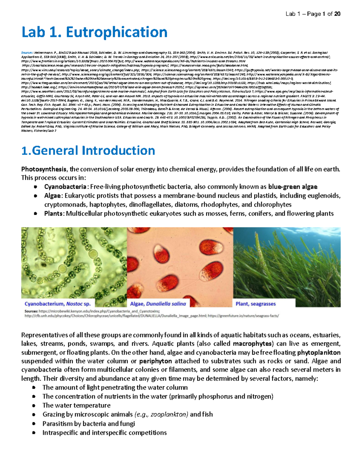 Lab 1-Eutrophication-2024d - Lab 1. Eutrophication Sources: Heinermann ...
