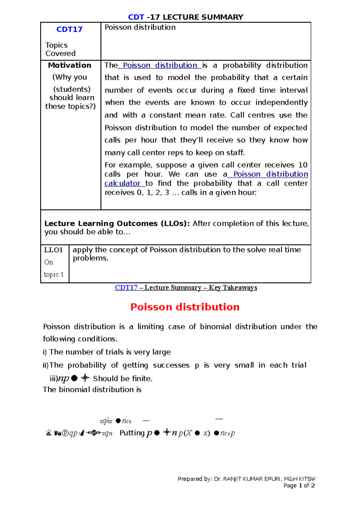 CDT-17-Poisson Distribution - CDT -17 LECTURE SUMMARY CDT Topics Covered Poisson distribution ...