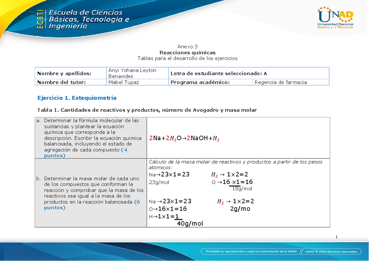 Reacciones Quimicas Trabajo DE Entrega - Anexo 3 Reacciones quÌmicas Tablas para el desarrollo ...