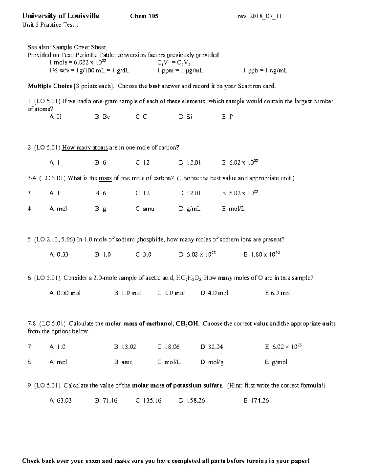 CHEM105 Unit 5 Practice Test - Unit 5 Practice Test 1 See also: Sample ...