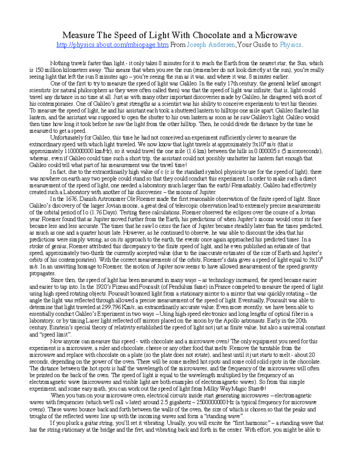 Measure the Speed of Light - about/mbiopage.htm From Joseph Andersen ...