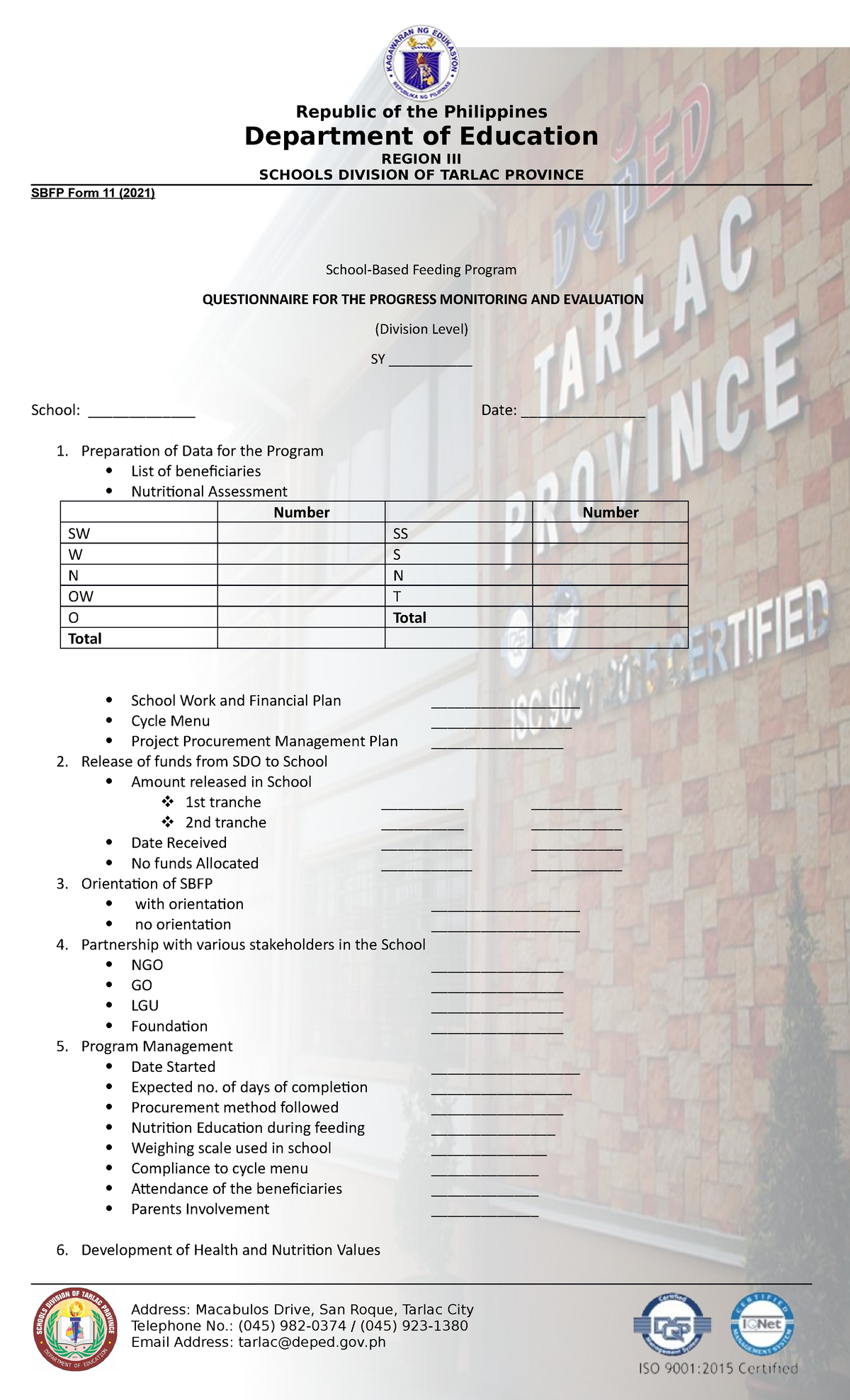2021 SBFP Form 11 Monitoring Form Division Level - Republic of the ...