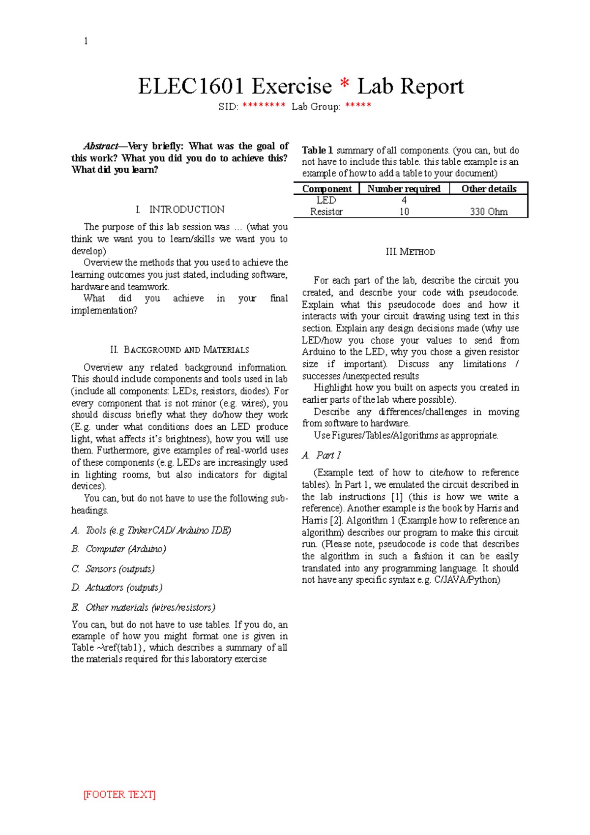ELEC1601 word template fixed - 1 ELEC1601 Exercise * Lab Report SID ...