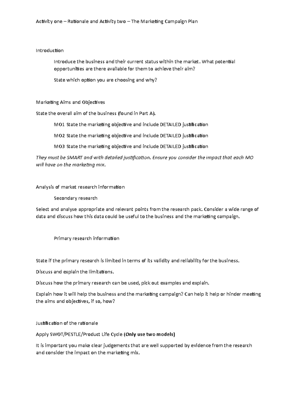 Structure for activity 1 and 2 - Activity one – Rationale and Activity ...