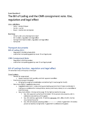 [Solved] The CMR Consignment note compared to the bill of lading ...