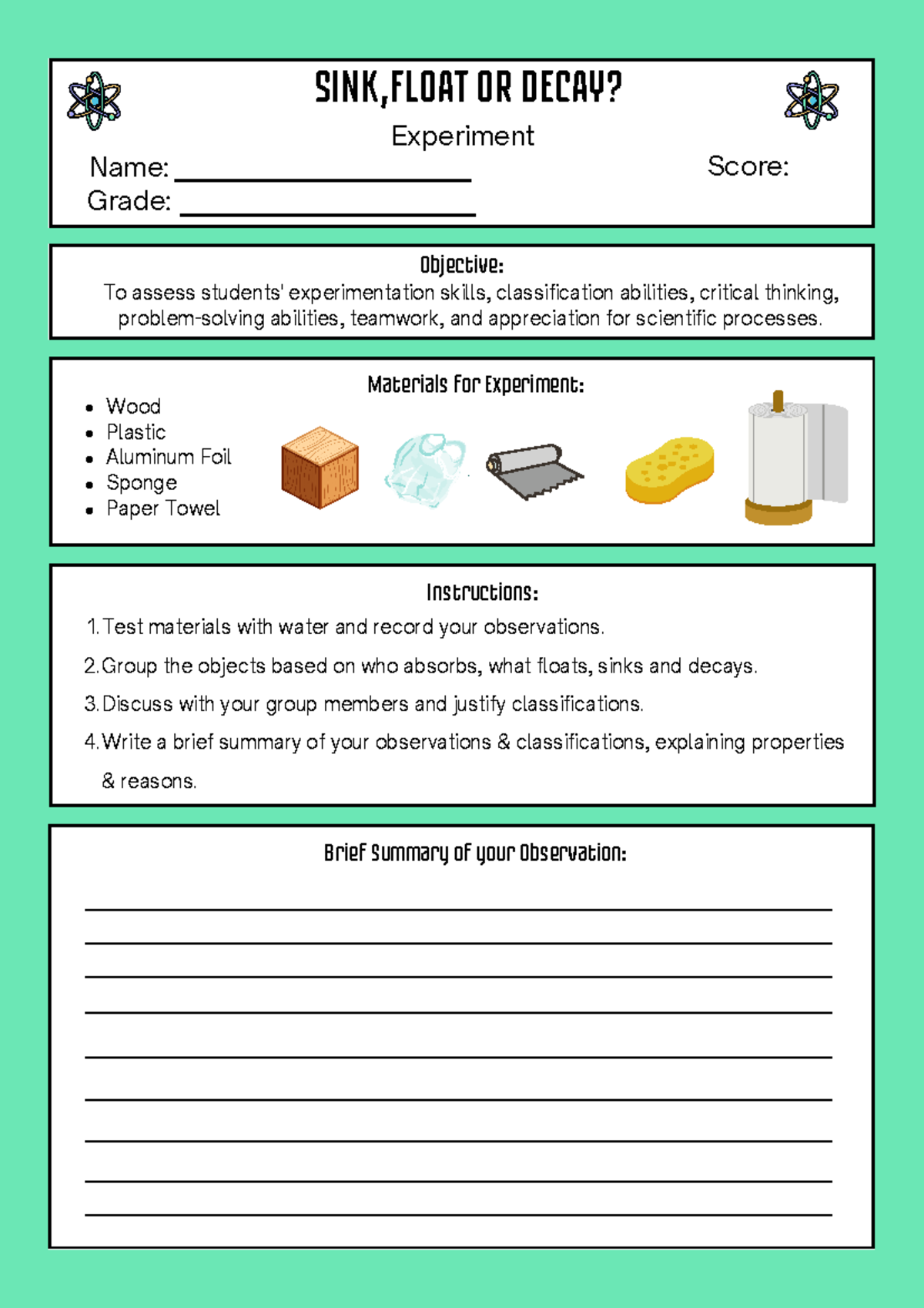 Grade 4 Assessment Experimentation and Classification - SINK,FLOAT OR ...