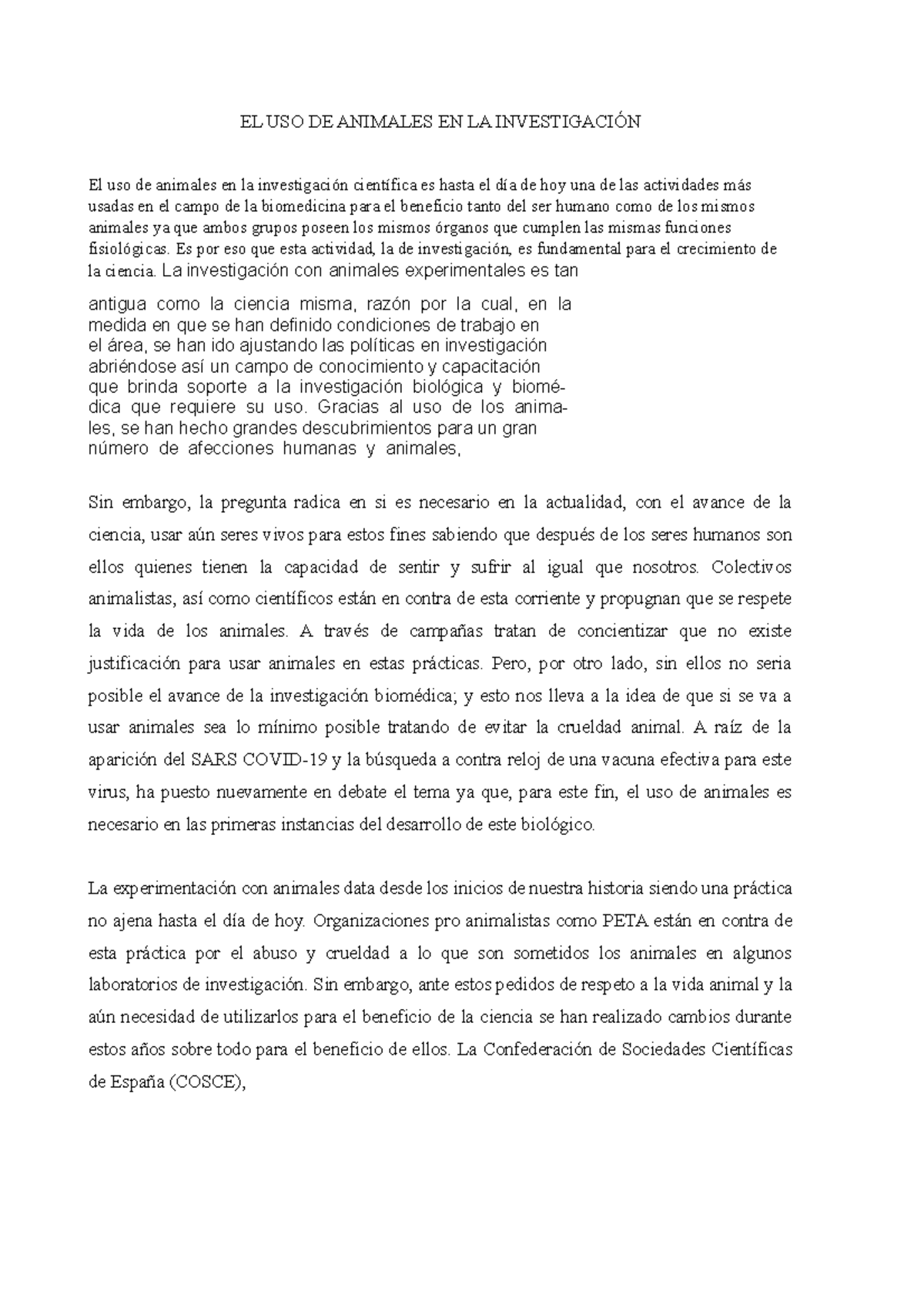 Animales EN LA INV. - EL USO DE ANIMALES EN LA INVESTIGACIÓN El uso de ...