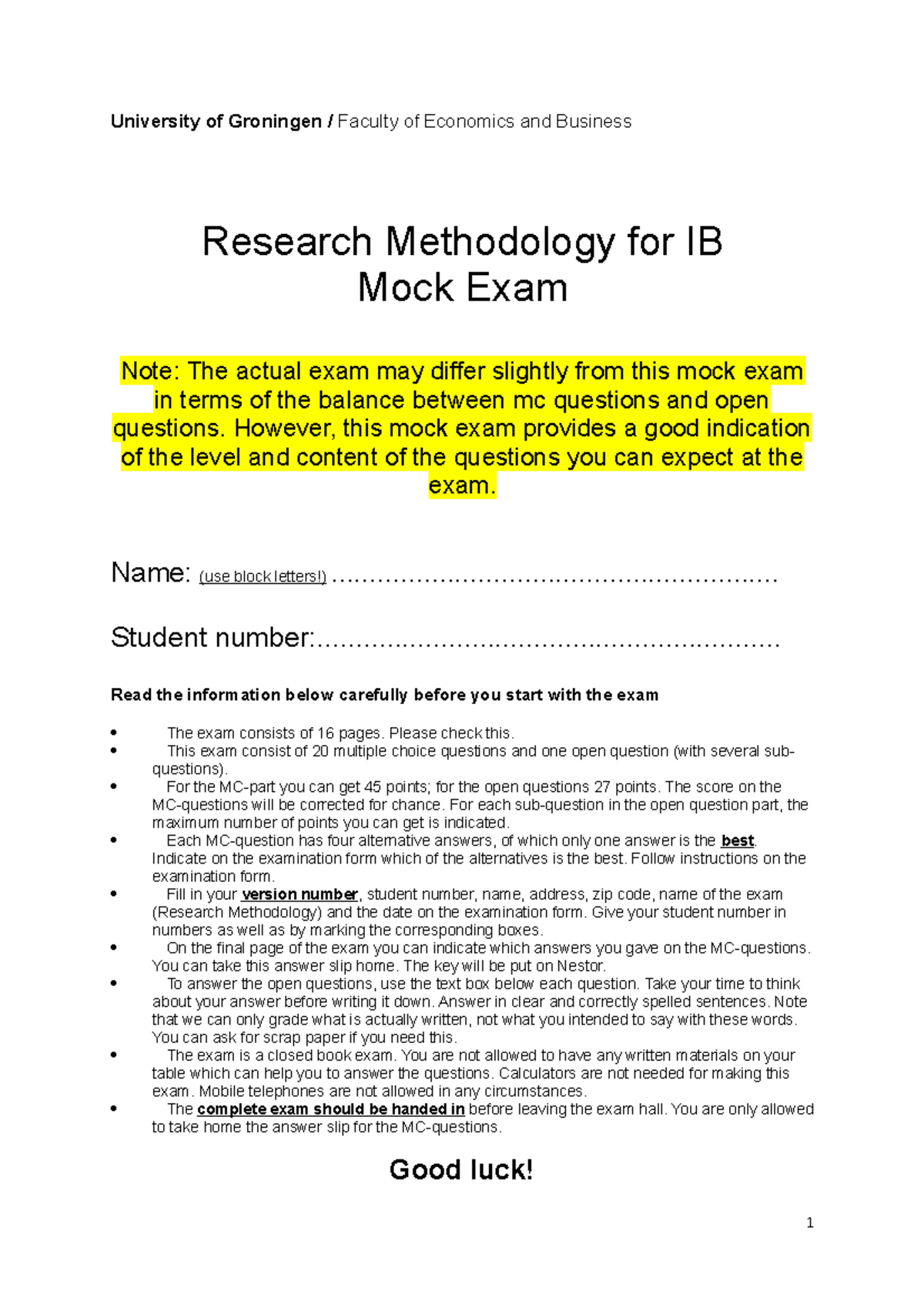 Research Methodology for IB mock exam Correct answers - University of ...