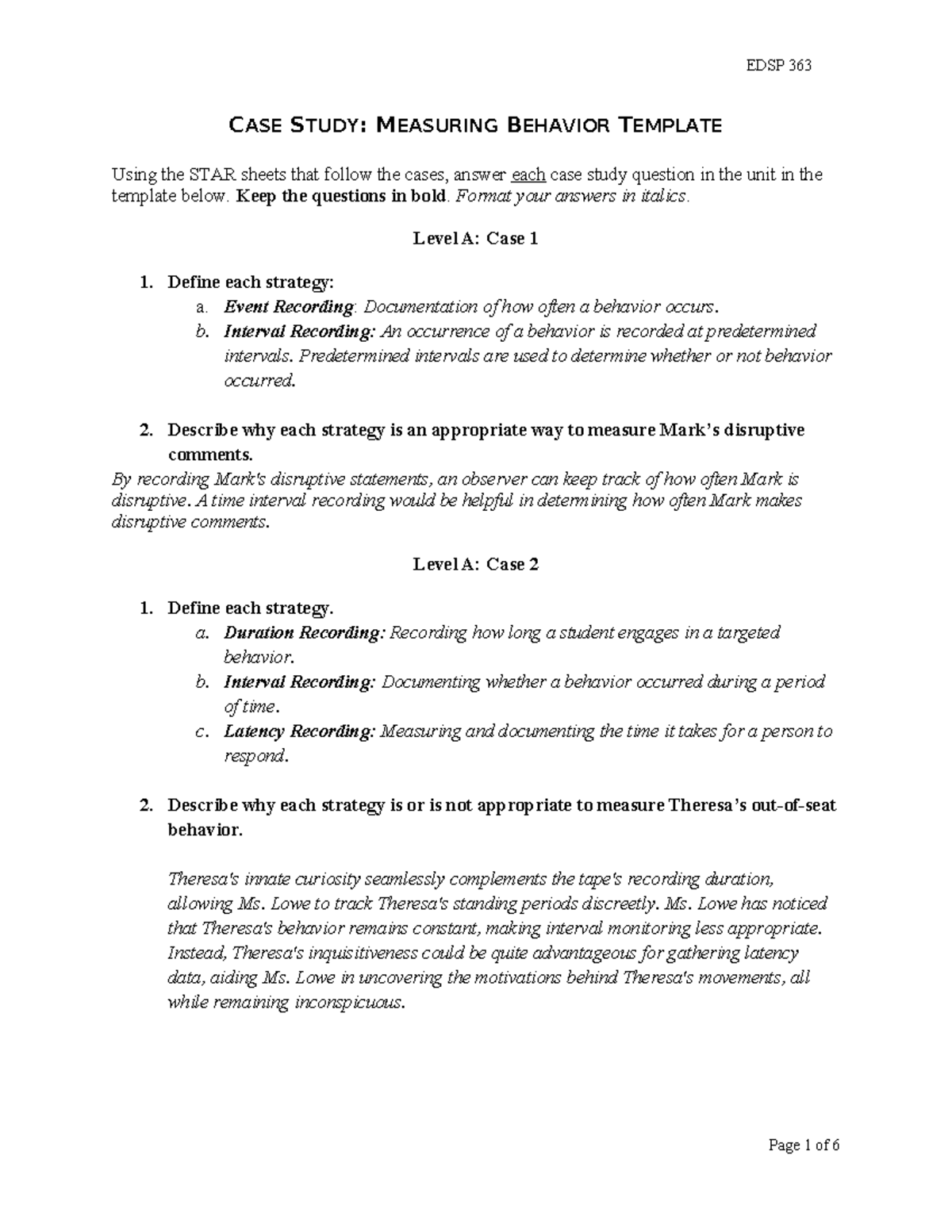 Case Study Measuring Behavior - CASE STUDY: MEASURING BEHAVIOR TEMPLATE Using the STAR sheets ...