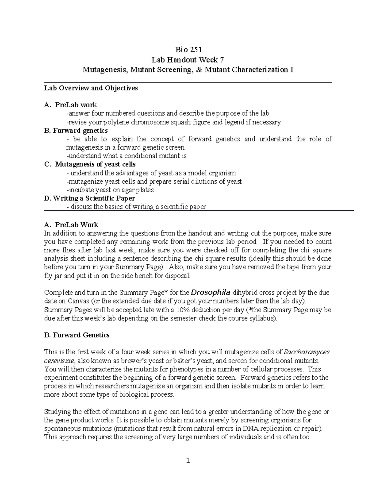BIO251 - Lab week 7 - Bio 251 Lab Handout Week 7 Mutagenesis, Mutant Screening, & Mutant - Studocu