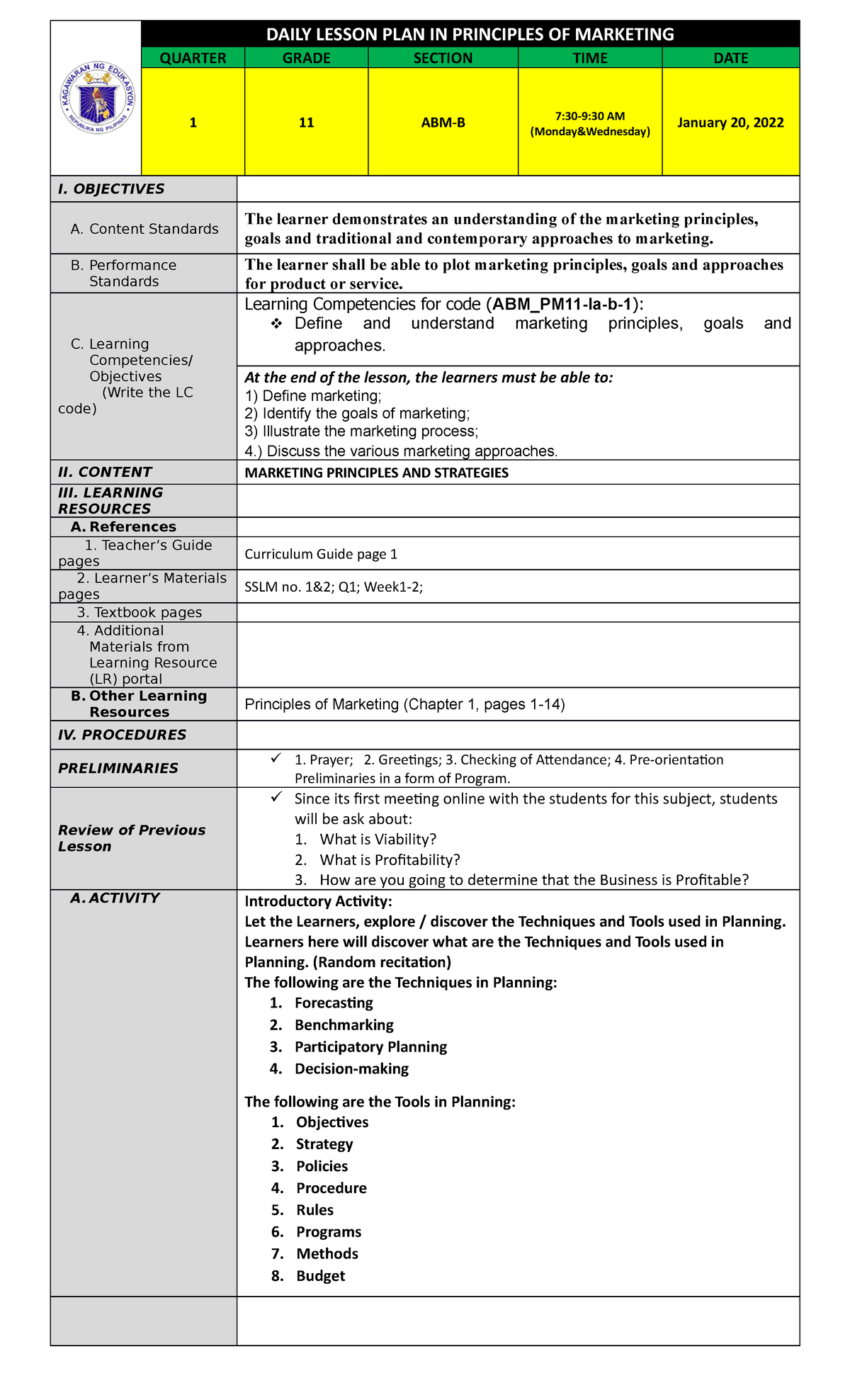 DLP Marketing Feb16, 2022 - DAILY LESSON PLAN IN PRINCIPLES OF ...