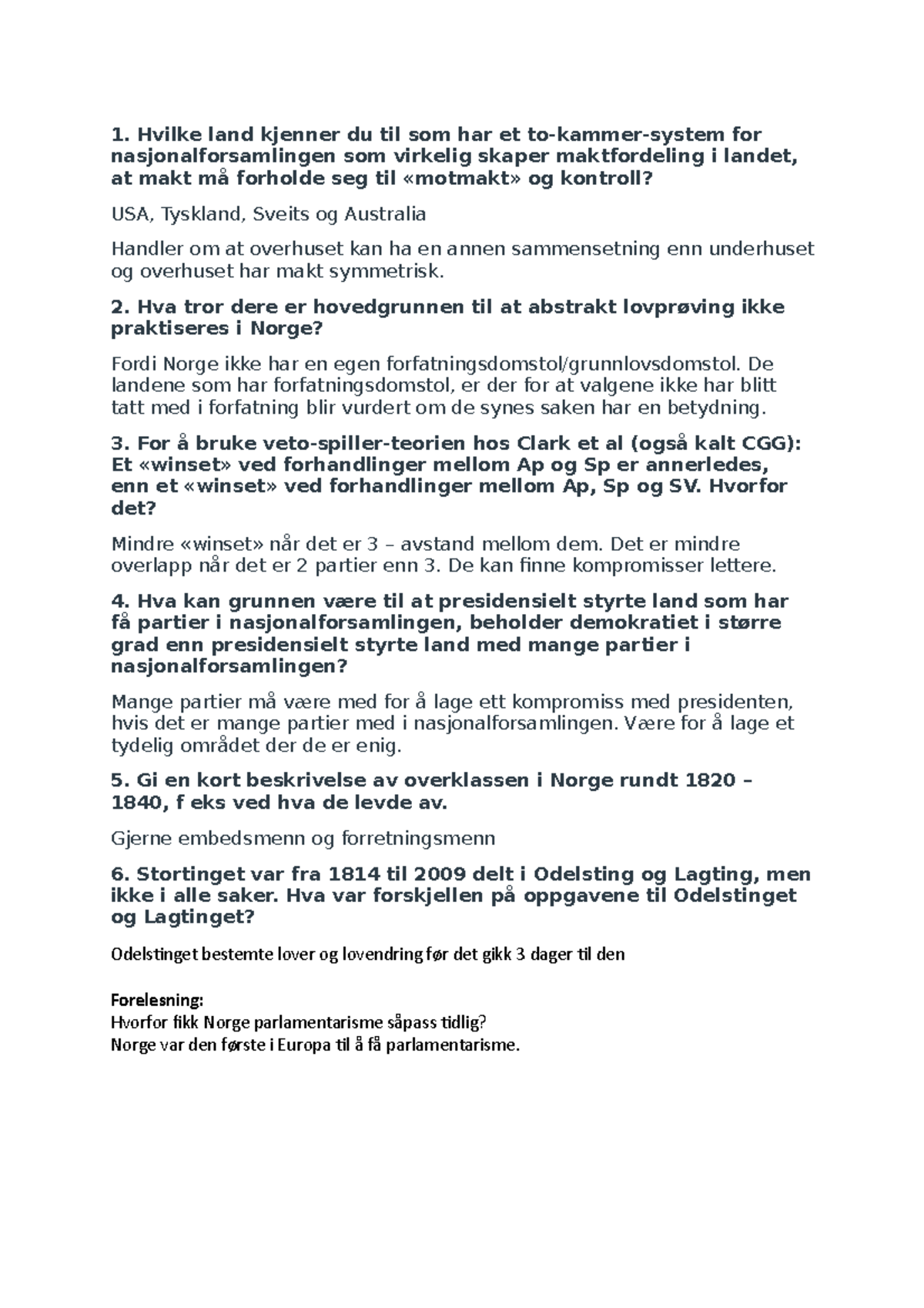 Parlamentarisme - Forelesningsnotater 21/22 - Hvilke land kjenner du ...