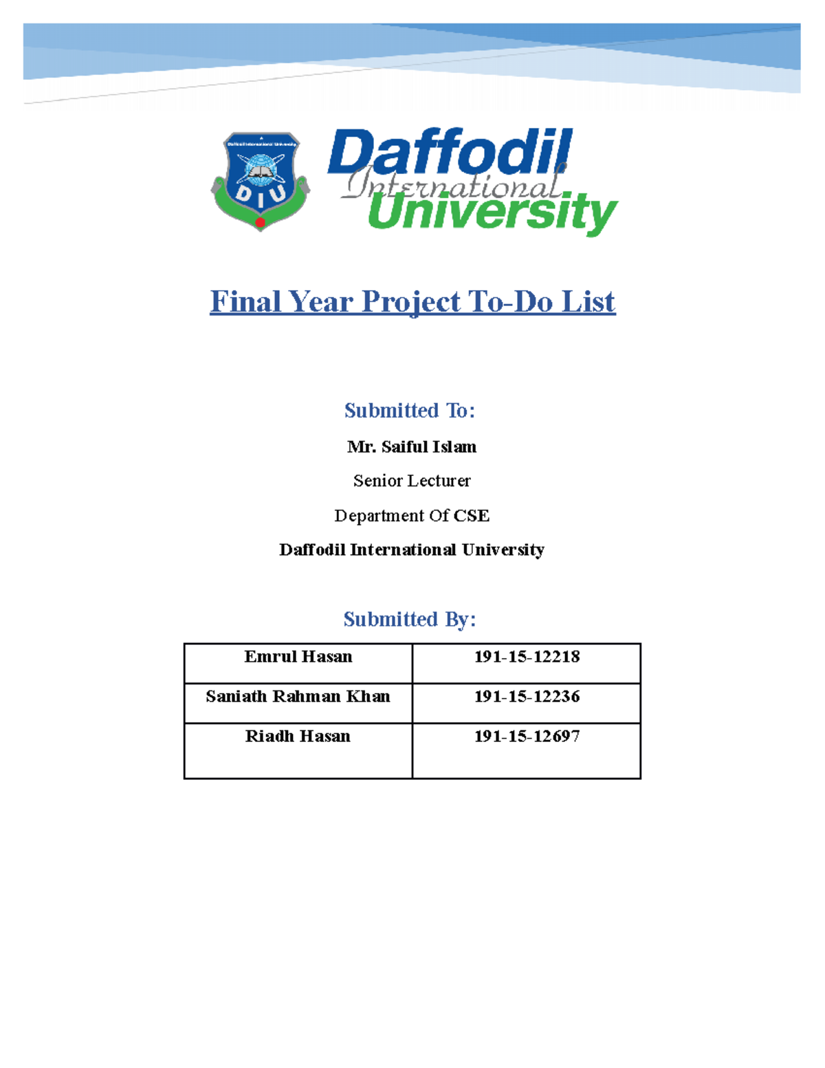 Final Year Project To Do List - Final Year Project To-Do List Submitted ...