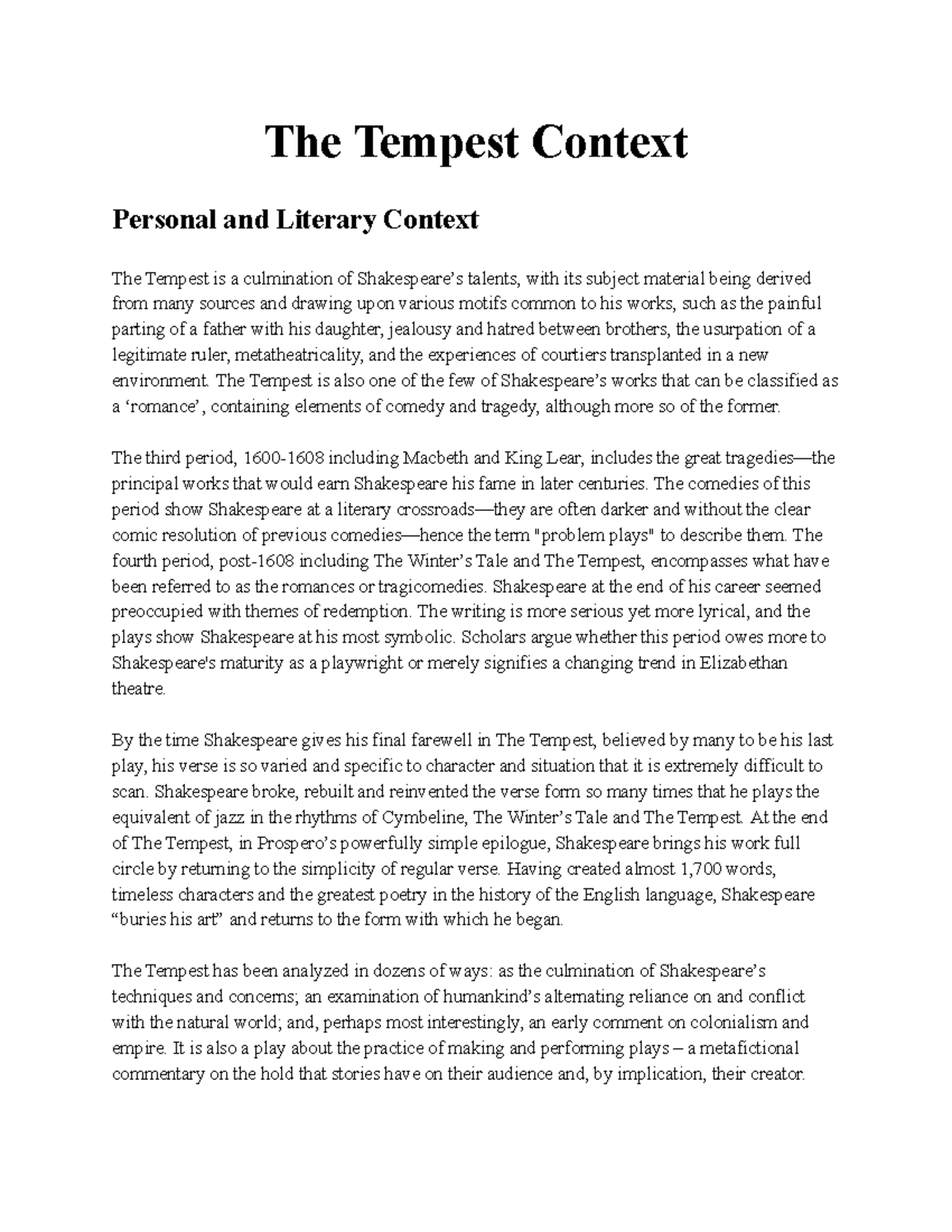 Context of the Tempest Shakespeare - The Tempest Context Personal and ...