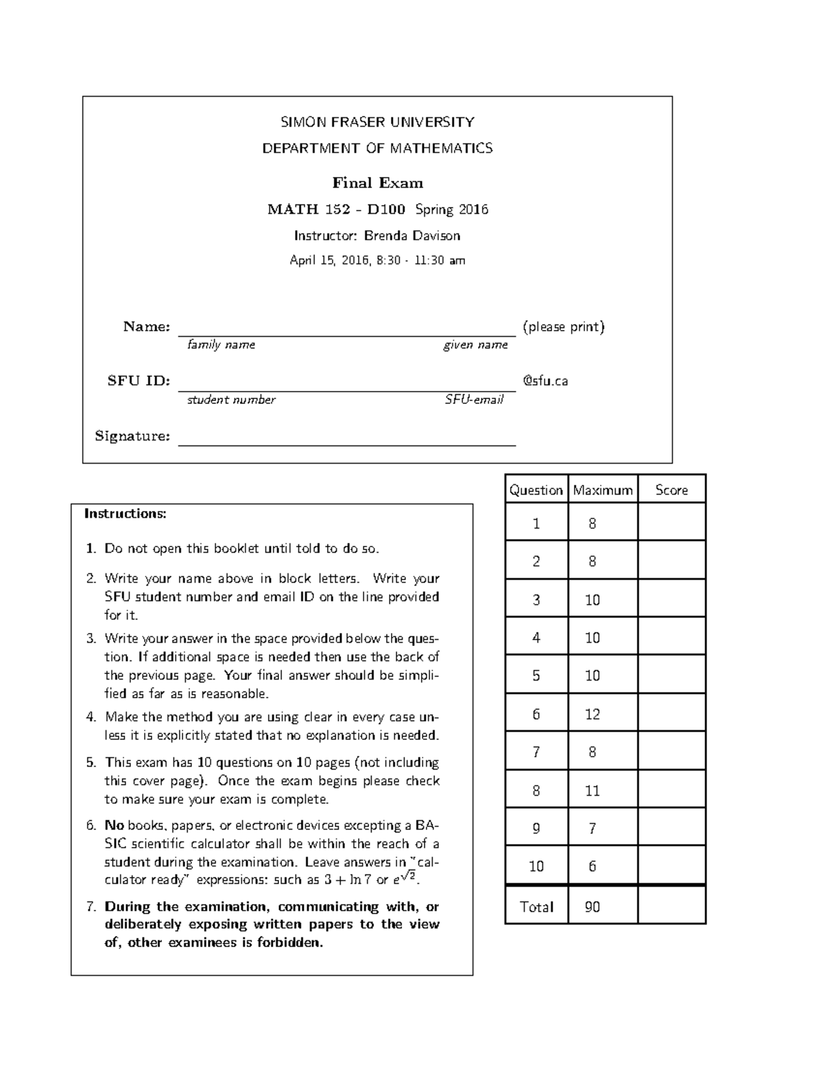 152 sample final A - practice - SIMON FRASER UNIVERSITY DEPARTMENT OF ...