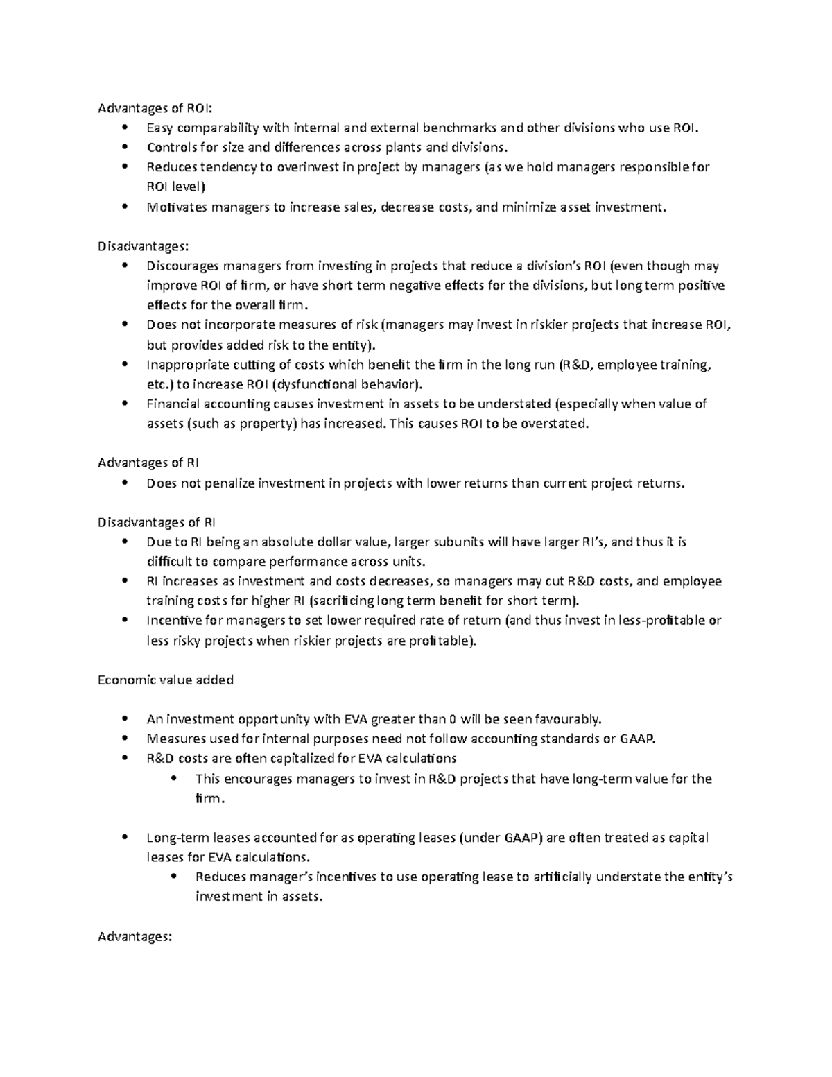 Week 4 summary - Advantages and disadvantages of ROI, RI and EVA ...