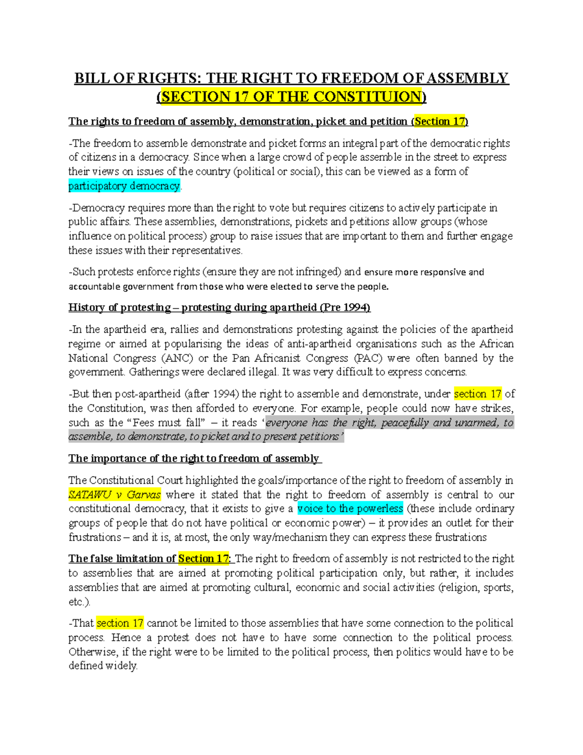 BILL OF Rights Notes - Section 17 - BILL OF RIGHTS: THE RIGHT TO ...