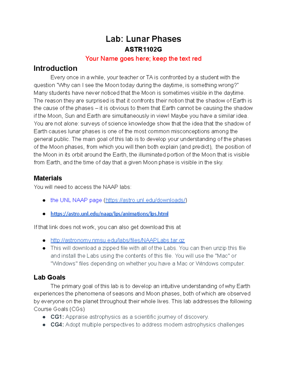 Lab: Lunar Phases - Lab: Lunar Phases ASTR1102G Your Name goes here ...