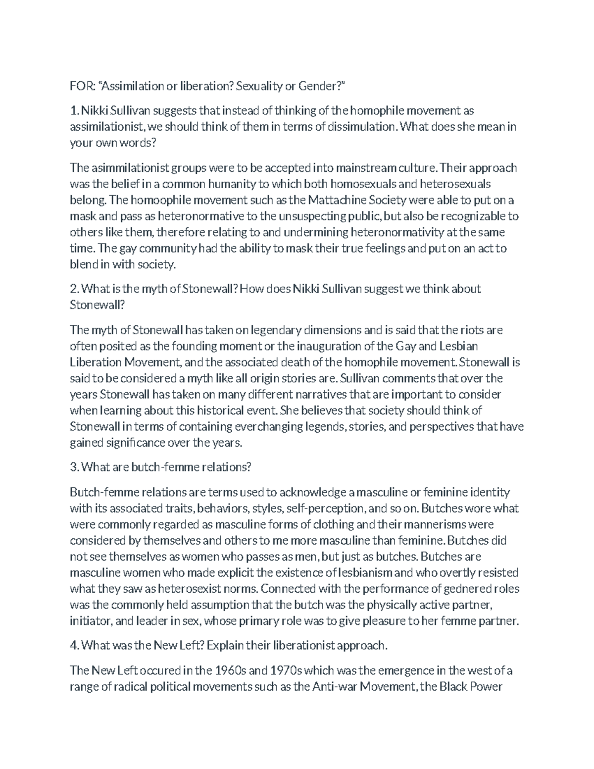 5th Reading Questions - FOR: “Assimilation or liberation? Sexuality or ...