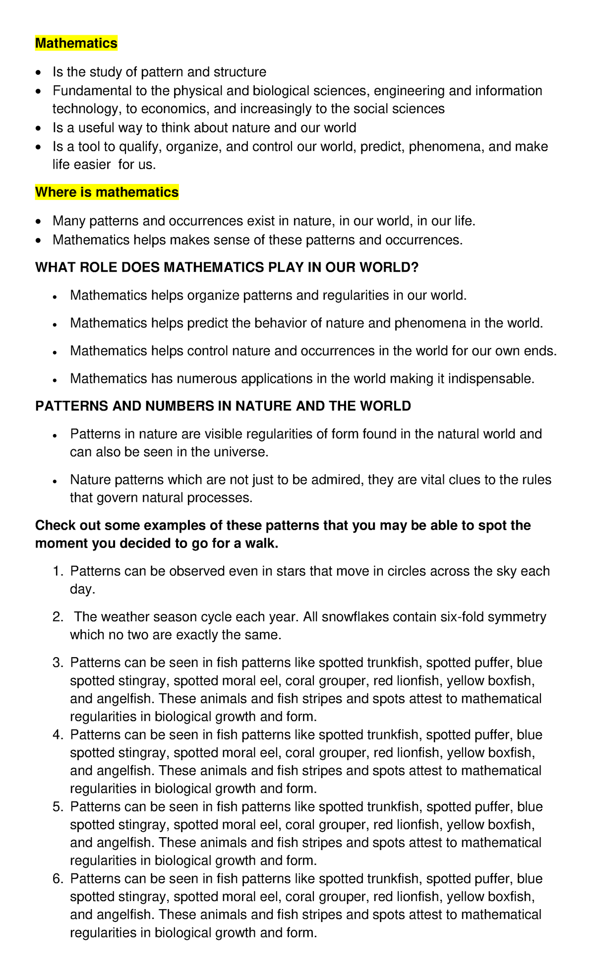 MMW - Lecture notes 1-10 - Mathematics I s the study of pattern and ...