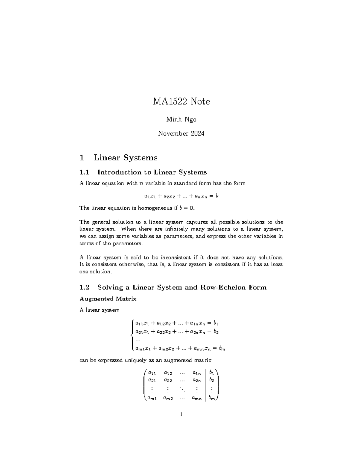 MA1522 Note - Summary Note - MA1522 Note Minh Ngo November 2024 1 Linear Systems 1 Introduction ...