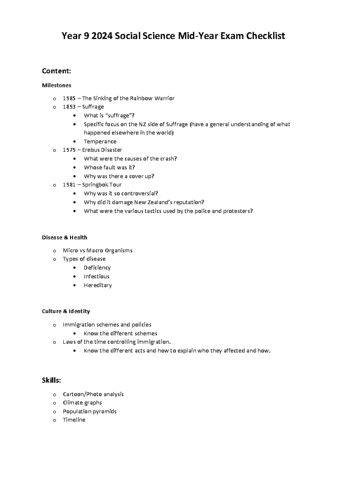Y9 Mid-Year Exam 2024 Learning Checklist - Year 9 2024 Social Science ...