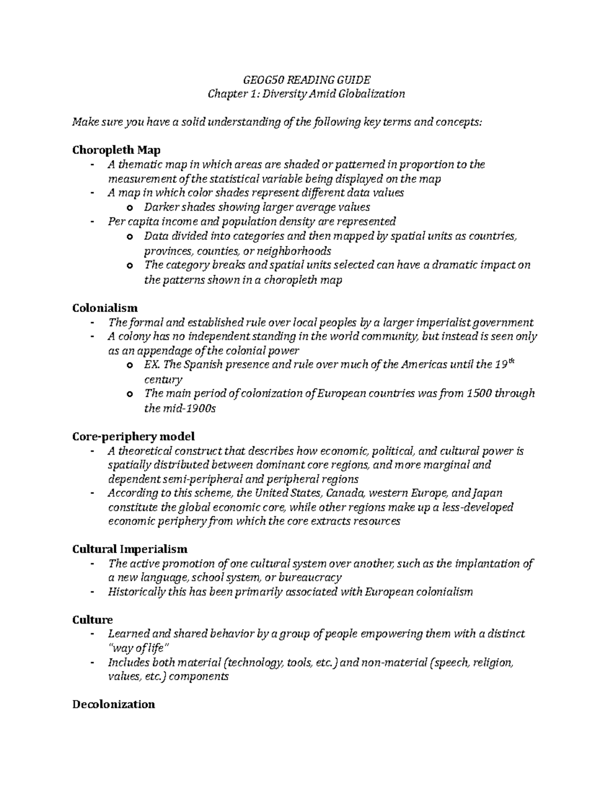 GEOG50 Reading Guide CH1 - GEOG50 READING GUIDE Chapter 1: Diversity ...