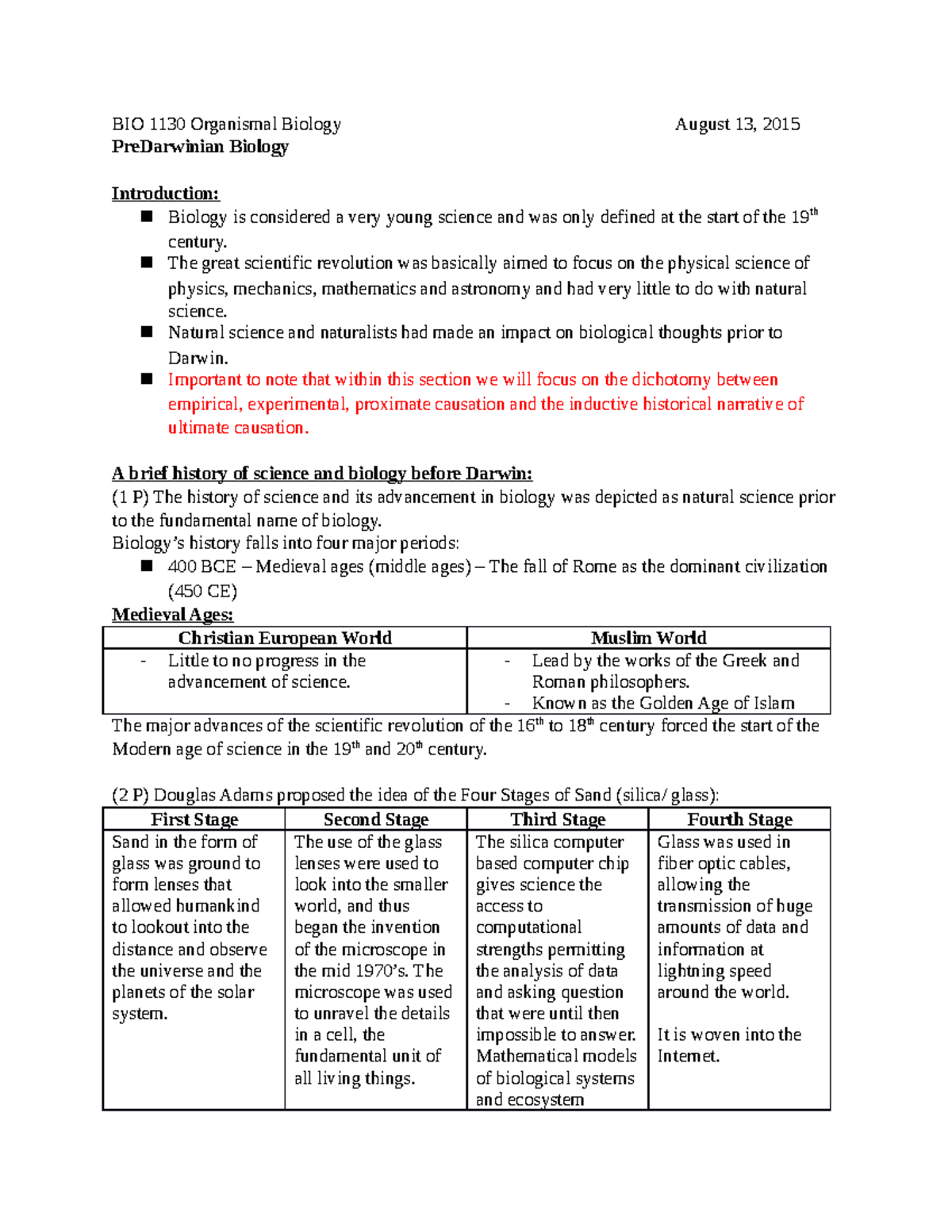BIO 1130 Organismal Biology August 13 - BIO 1130 Organismal Biology ...