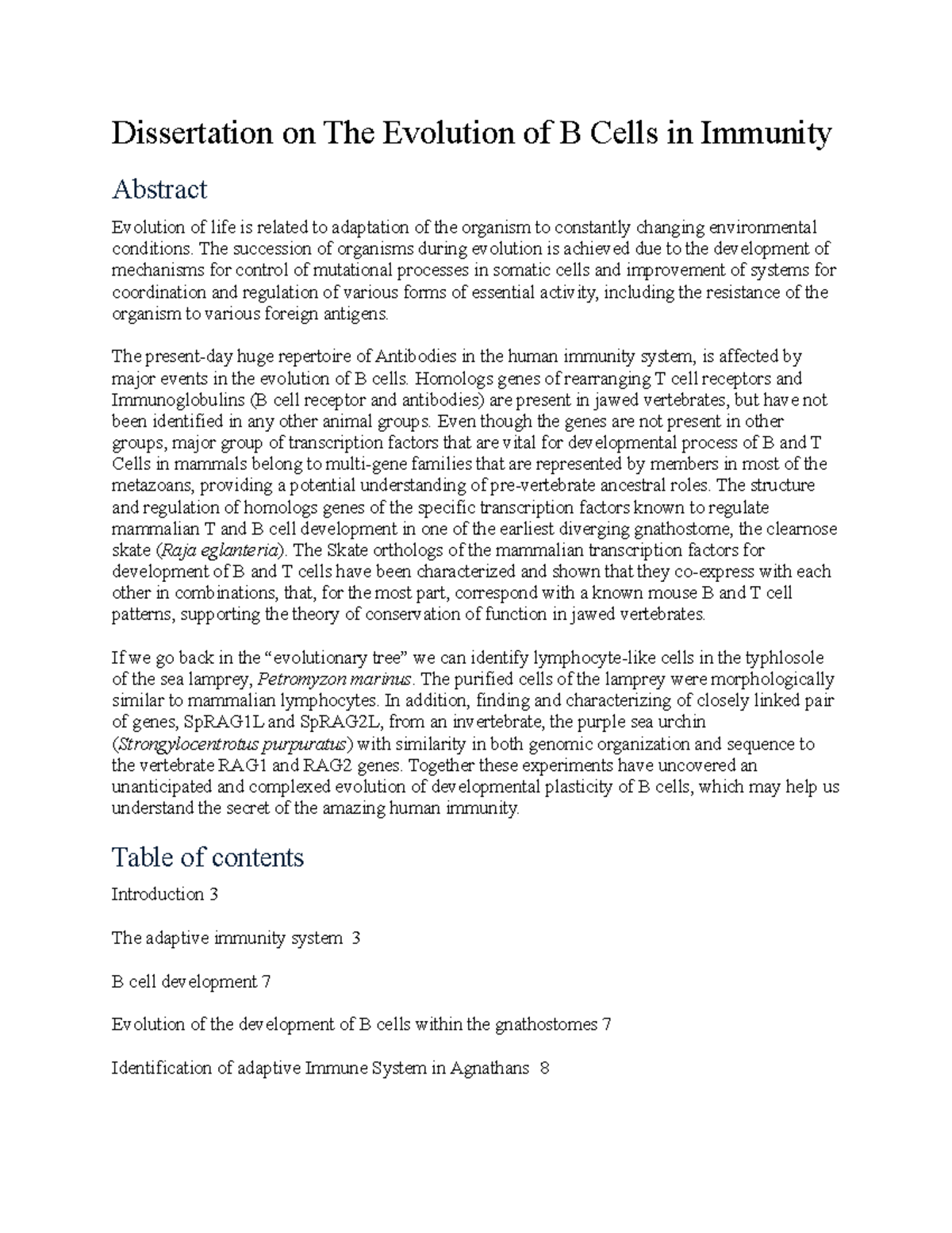 Dissertation on The Evolution of B Cells in Immunity - LAWM49 ...