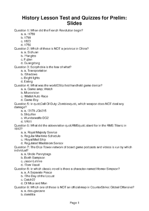 History Lesson Test and Quizzes for Prelim-Summary-1 - History Lesson ...