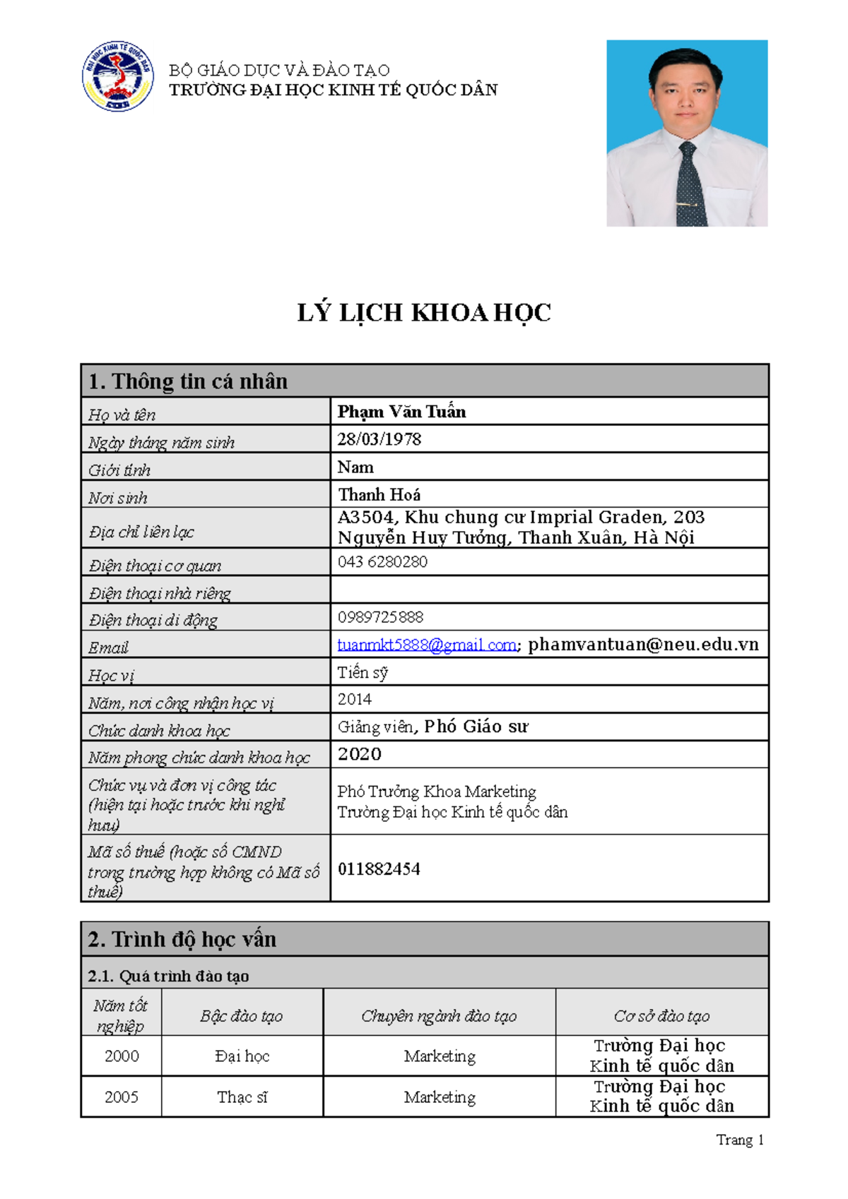 2 - ly lich khoa hoc - BỘ GIÁO DỤC VÀ ĐÀO TẠO TRƯỜNG ĐẠI HỌC KINH TẾ ...